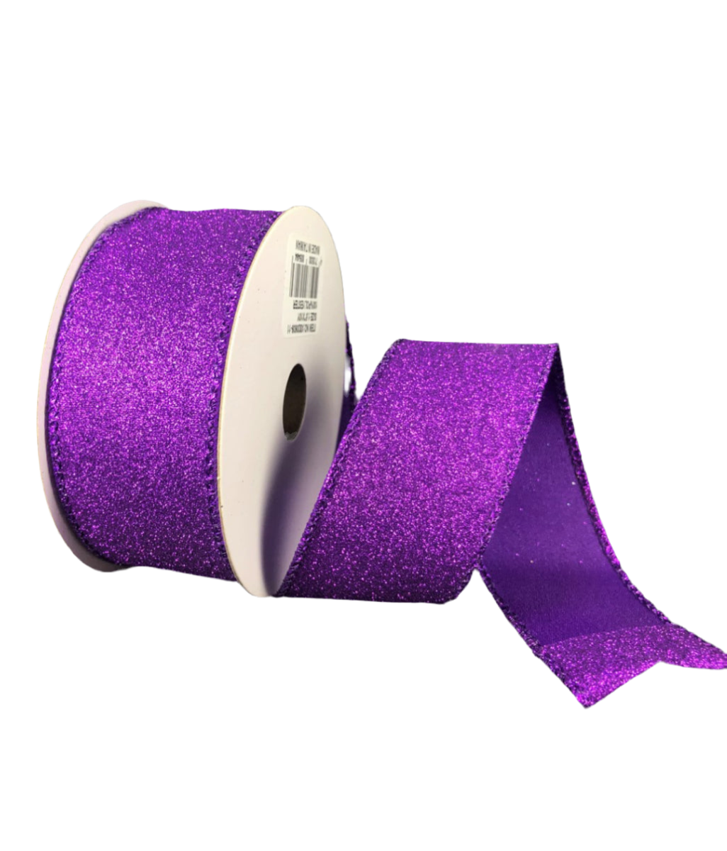 Solid, purple flat glitter, wired ribbon 1.5” - Greenery Market