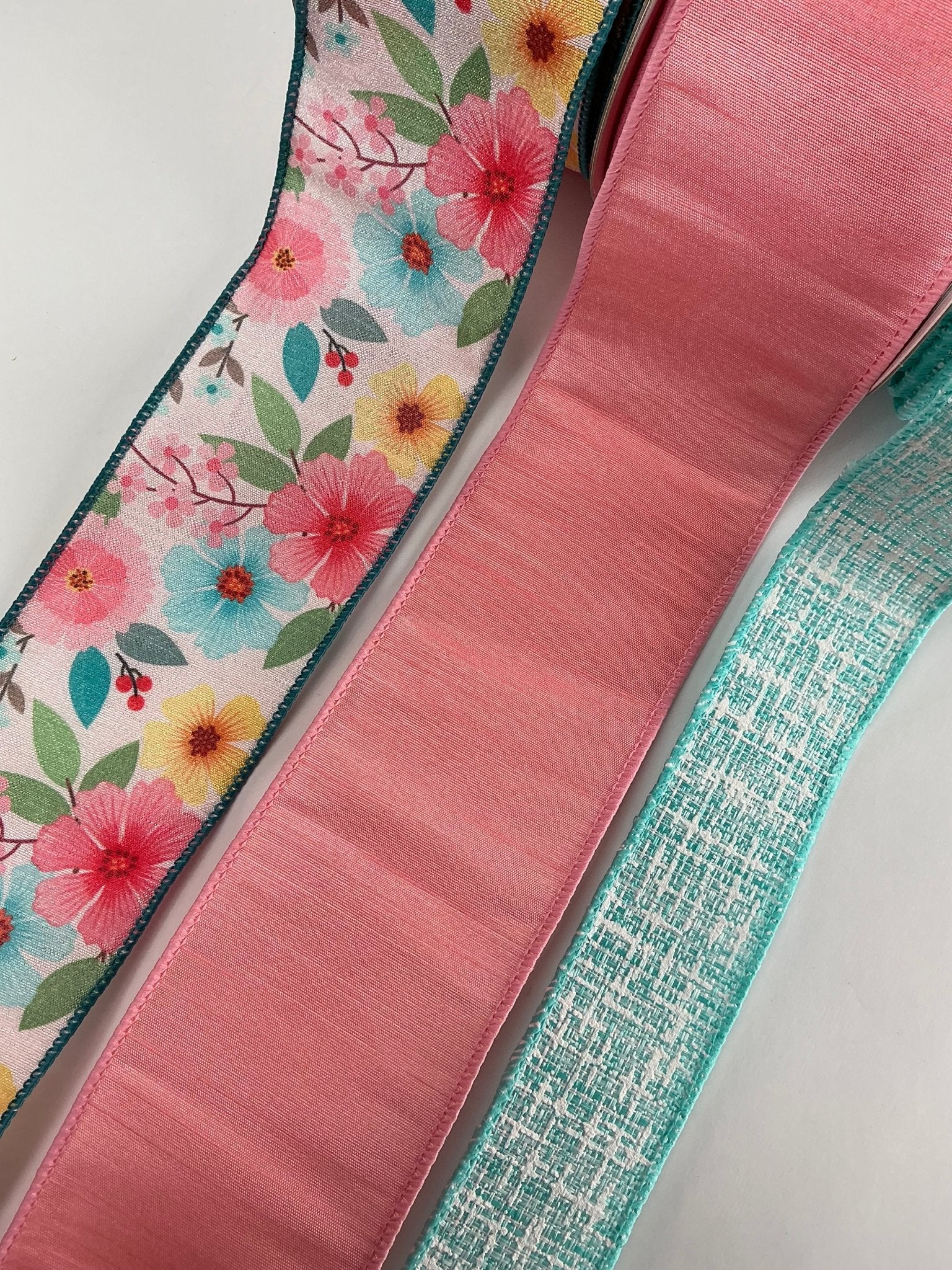 Aqua and Coral bow bundle x 3 wired ribbons - Greenery Market