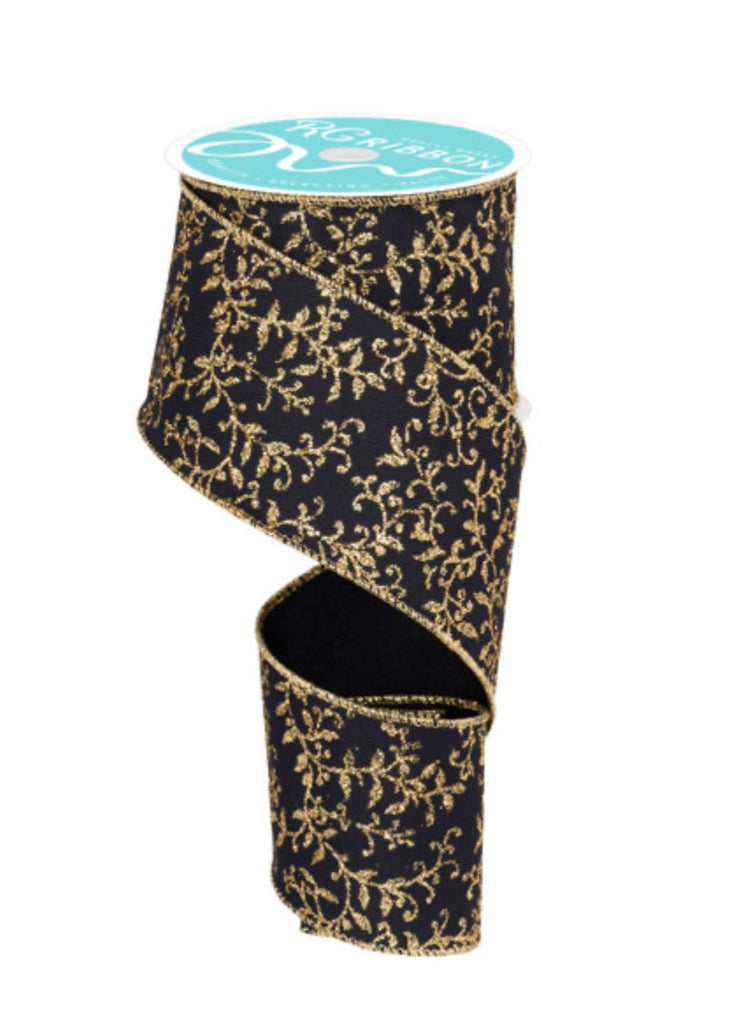 Black & gold glittered vine wired ribbon 2.5” - Greenery Market