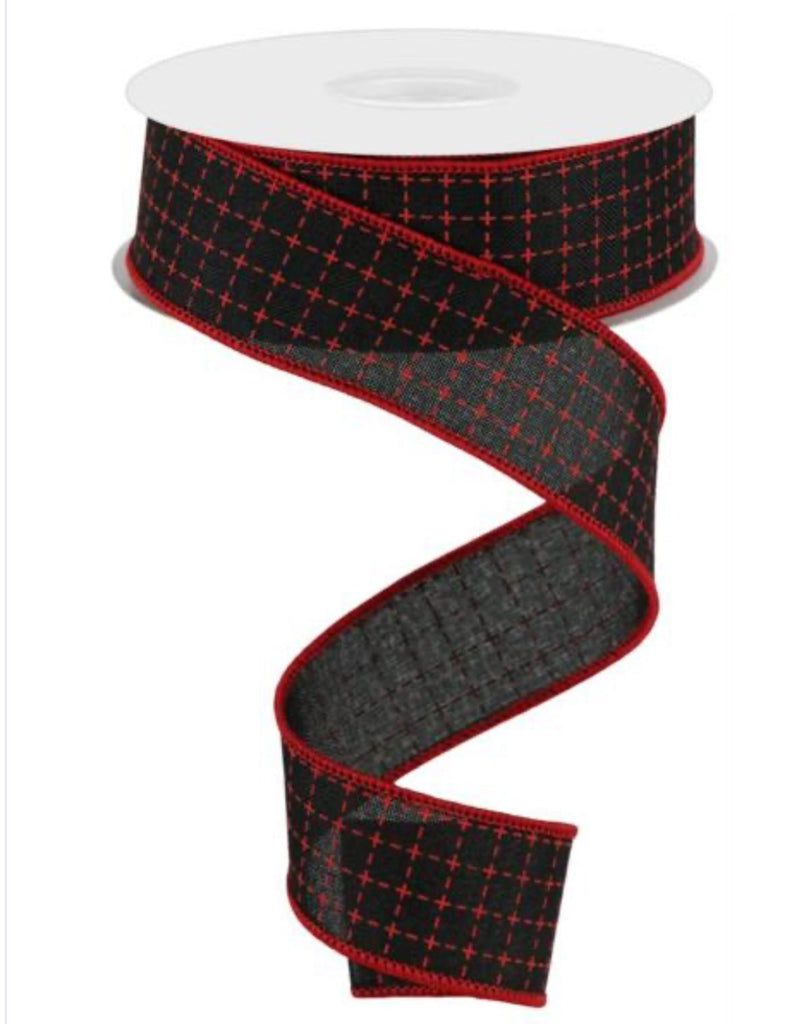 Black with red raised stitch wired ribbon 1.5" - Greenery Market