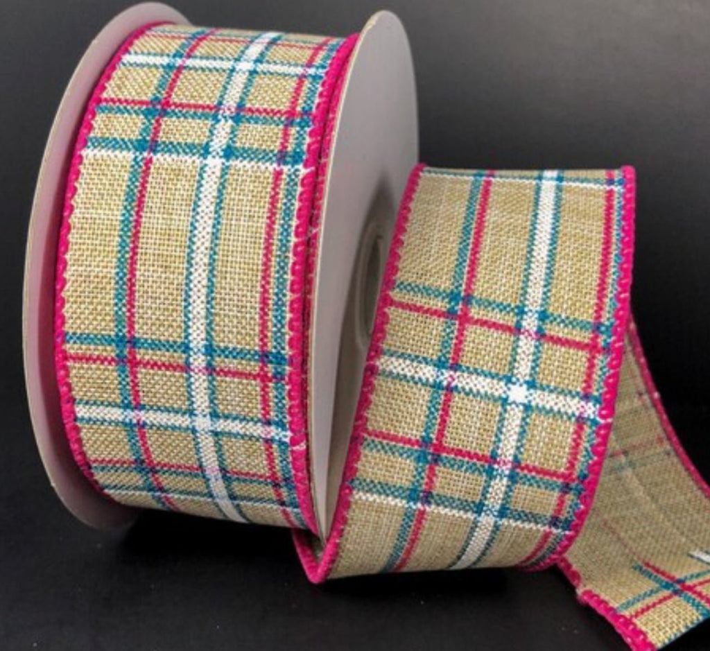 Blue and pink plaid wired ribbon 1.5” - Greenery Market