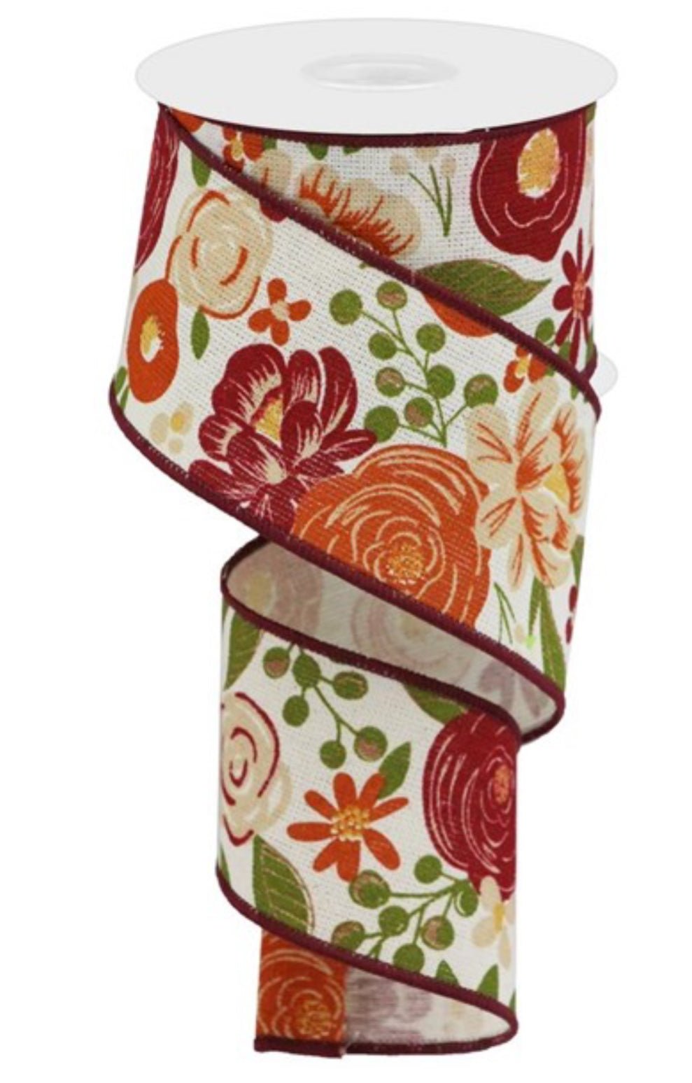 Bold blooms on cream orange and wine floral wired ribbon - Greenery Market