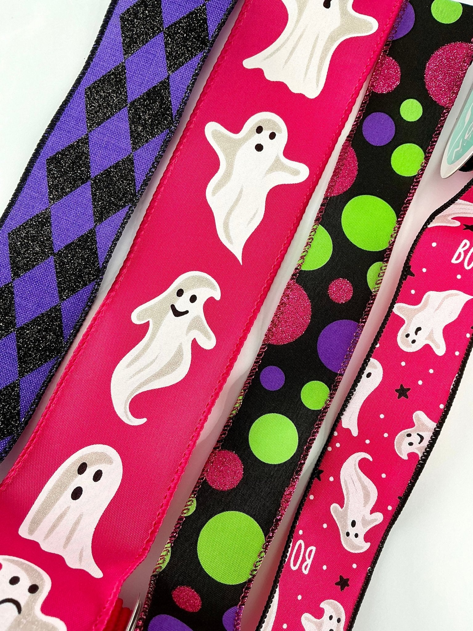 DIY ribbon bow bundle - pink ghost Halloween x 4 ribbons - Greenery Market