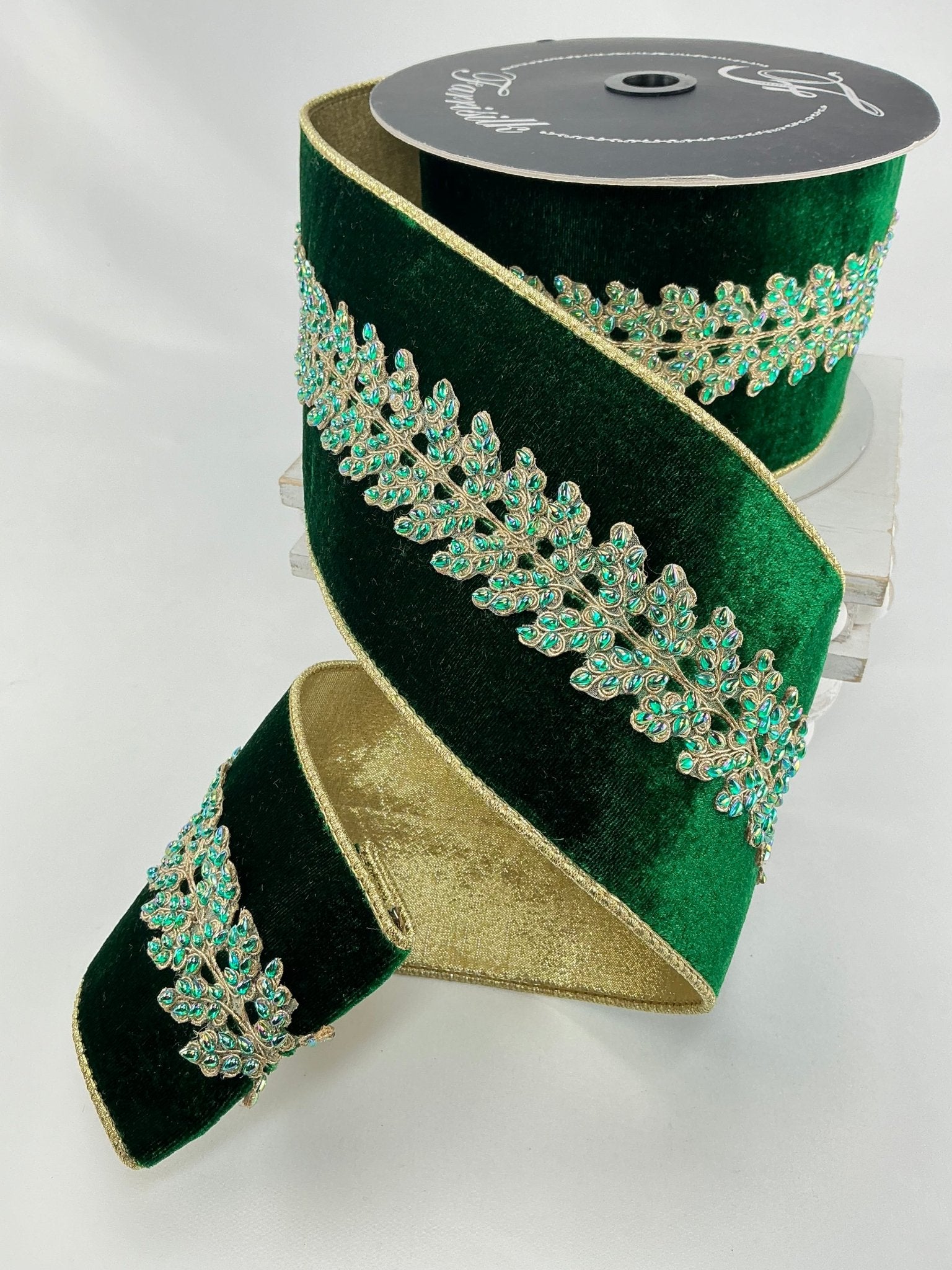 Emerald green enchanted vines crystal 4” farrisilk wired ribbon ...