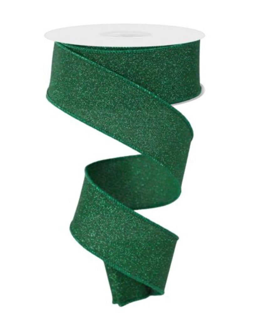 Emerald green solid fine glitter wired ribbon 1.5” - Greenery Market