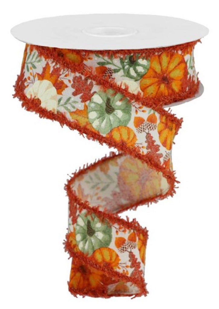 Fall ivory with pumpkin and acorns with fluffy edge 1.5” - Greenery Market