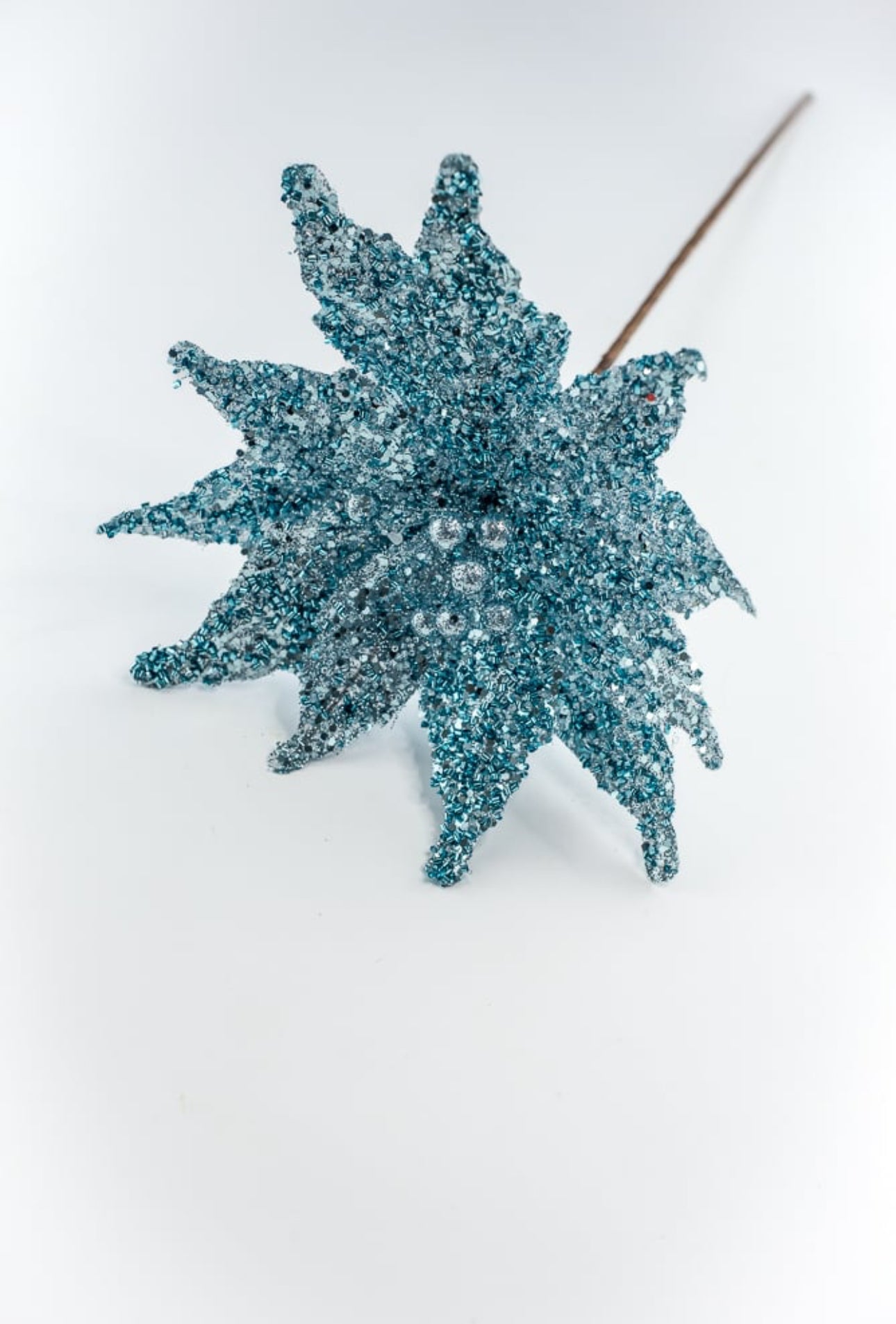 Glittered Poinsettia stem - ice blue - Greenery Market