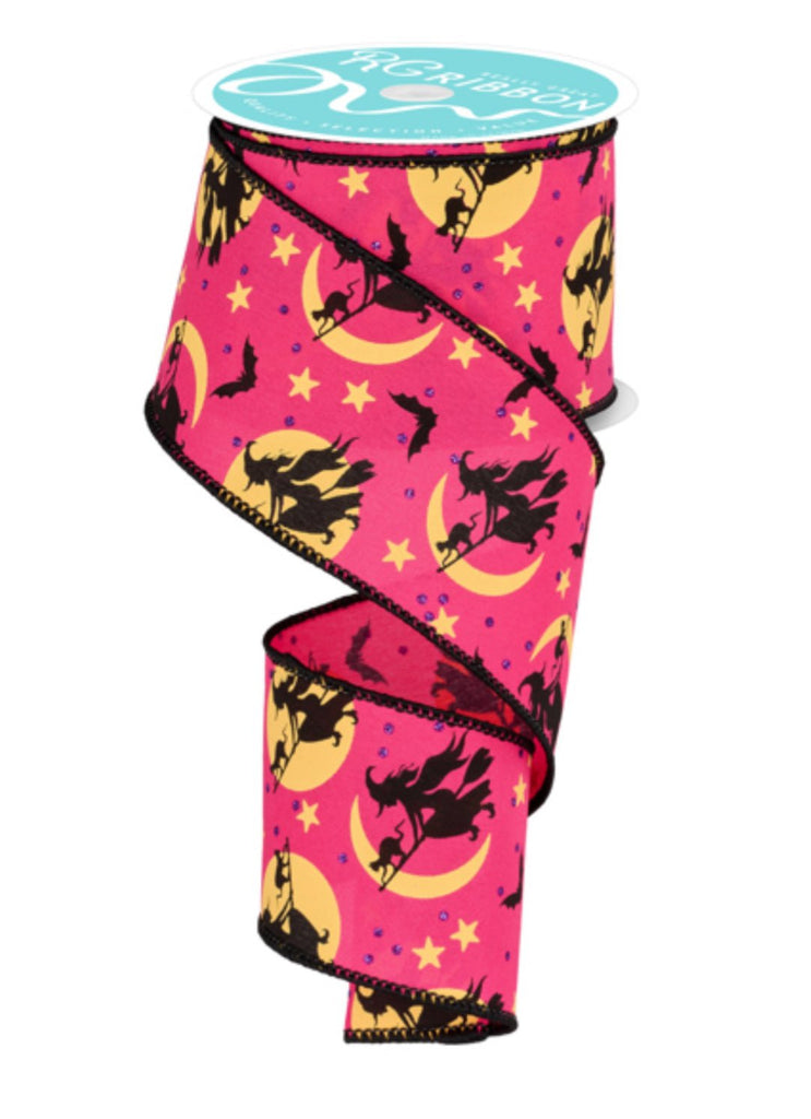 Hot Pink witch flying over moon 2.5” wired ribbon - Greenery Market