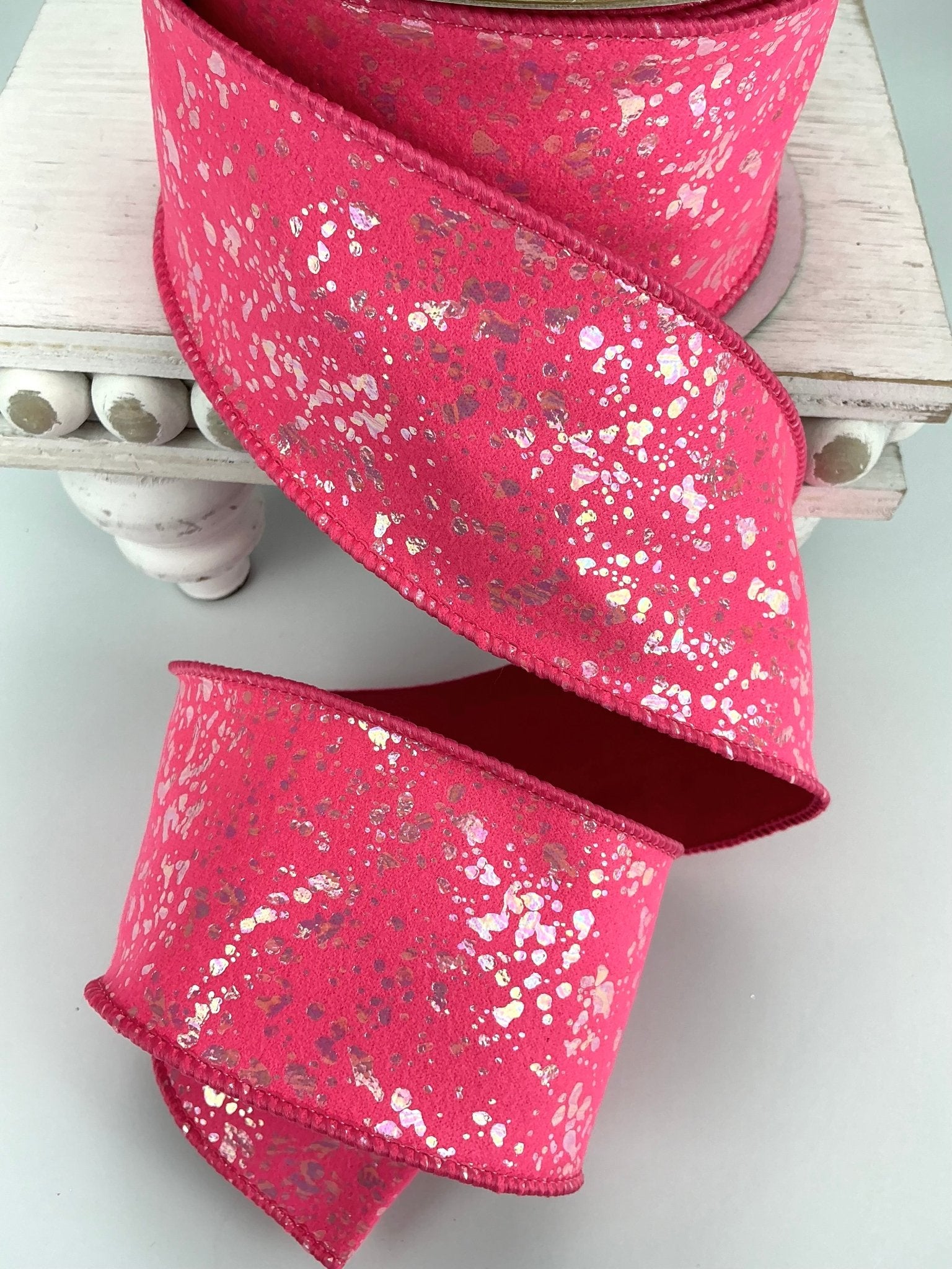 Metallic splatter wired ribbon 2.5” hot pink - Greenery Market