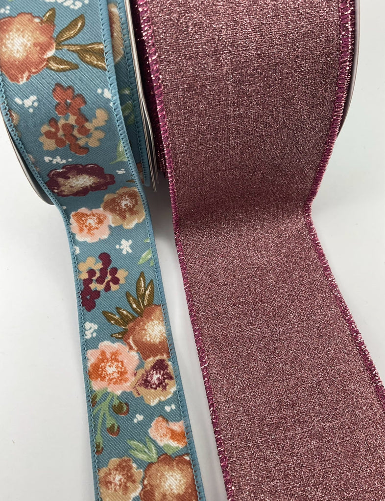 Mulberry and blue floral bow bundle x 2 ribbons - Greenery Market