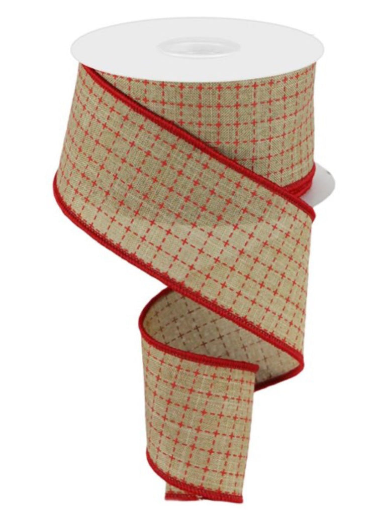 Natural with red Raised stitch, wired ribbon - 2.5” - Greenery Market