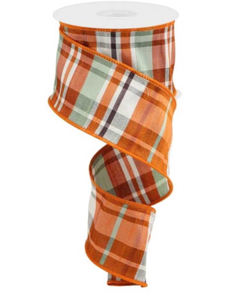 Orange, rust, and sage green plaid faux dupioni 2.5” wired ribbon ...