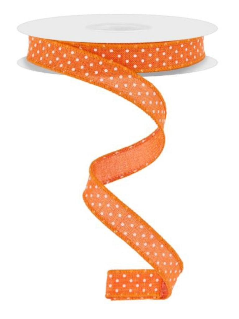orange swiss dot, wired, skinny ribbon, 5/8" - Greenery Market
