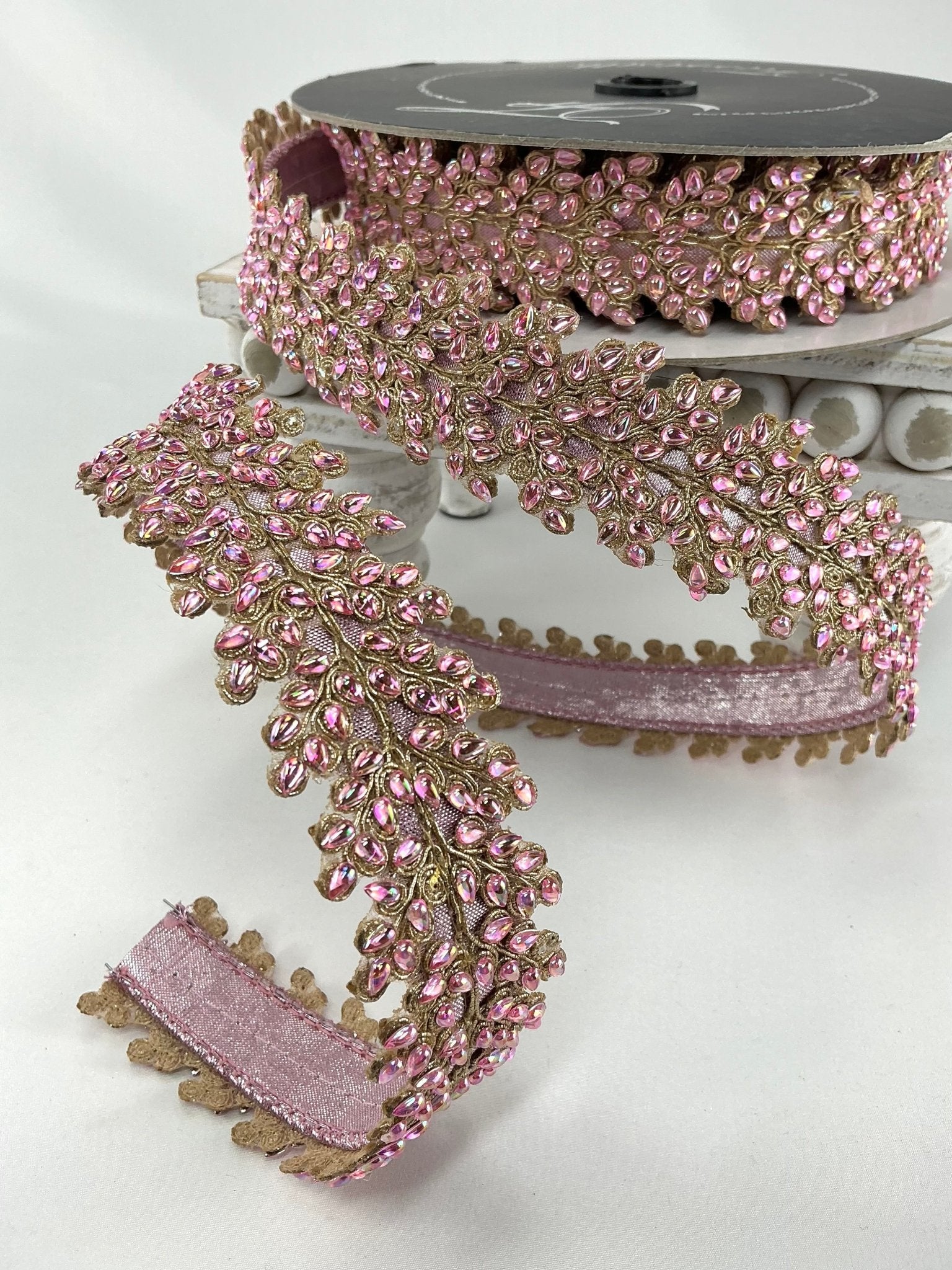 Pink enchanted vines crystal 1” farrisilk wired ribbon - Greenery Market