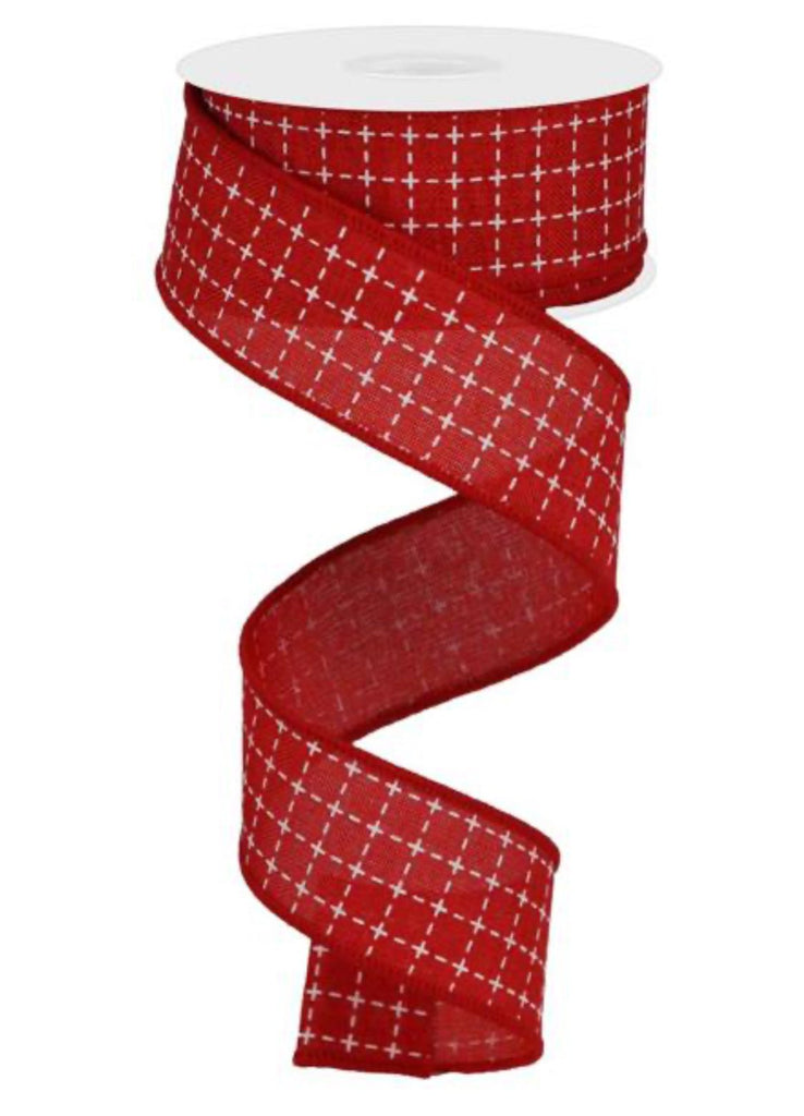 Red and white Raised stitch wired ribbon - 1.5” - Greenery Market