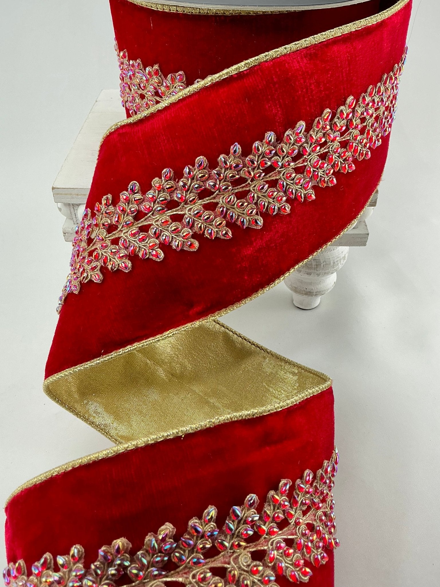 Red enchanted vines crystal 4” farrisilk wired ribbon - Greenery Market