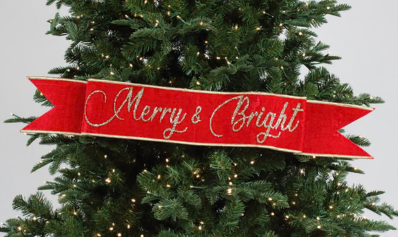 Red Farrisilk velvet Merry & bright banner - Greenery Market