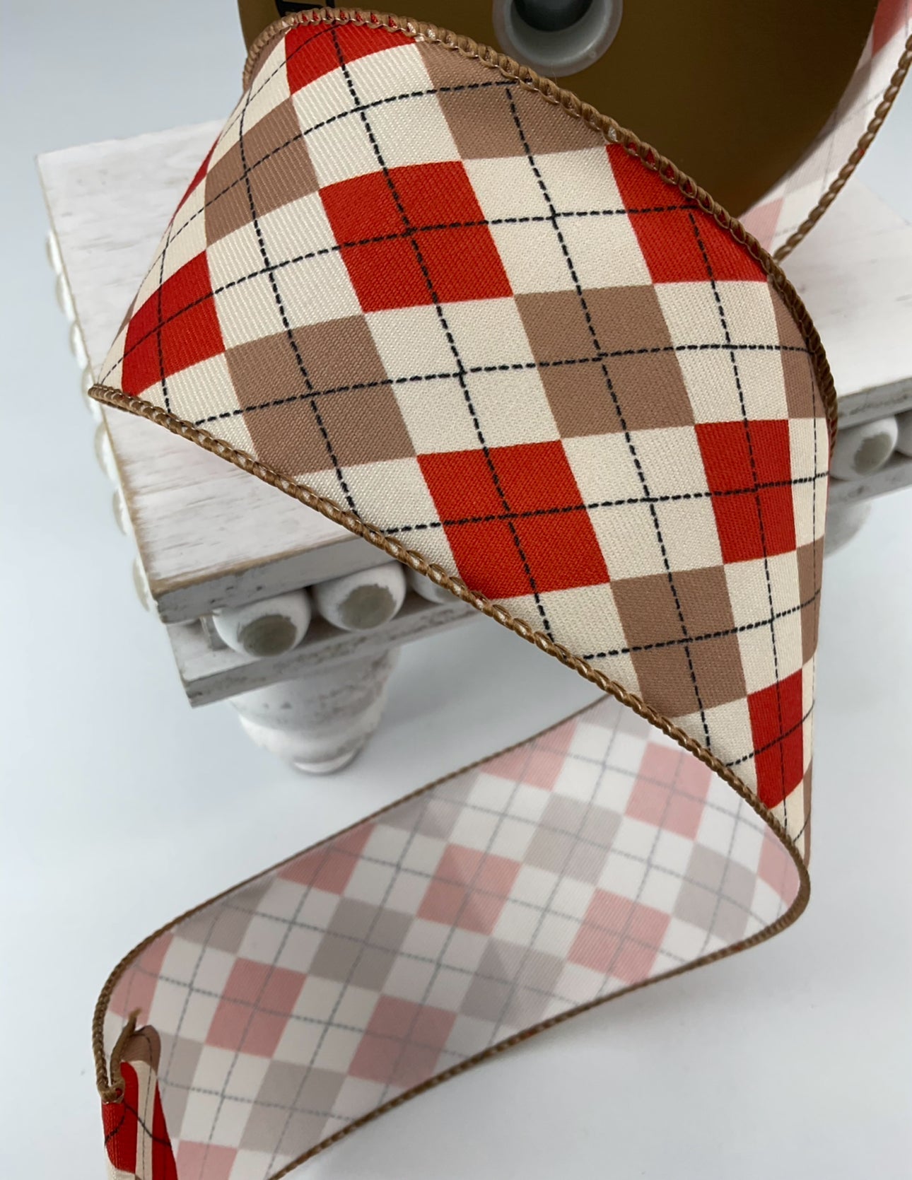 Rust and cream plaid wired ribbon 2.5” - Greenery Market