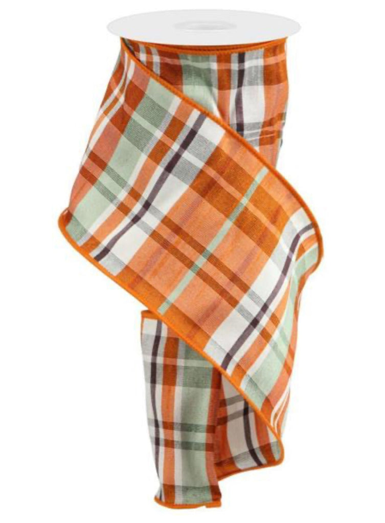 Sage green and rust plaid 4” wired ribbon - Greenery Market