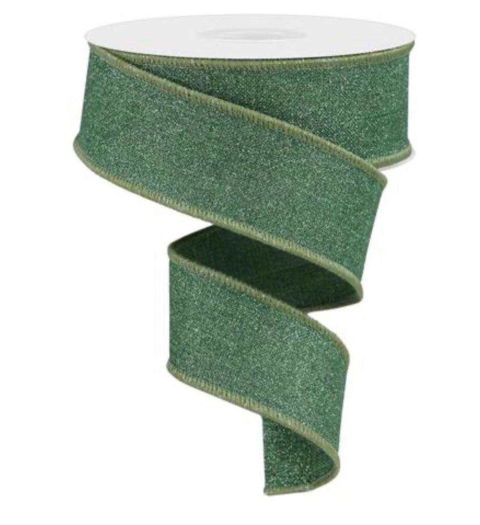 Solid, fine glitter, sage green wired Ribbon 1.5” - Greenery Market