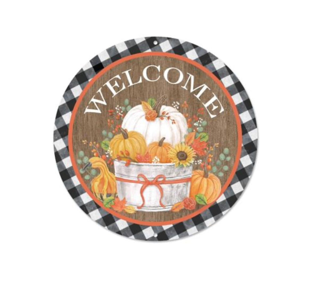 Welcome pumpkin Fall, round metal sign 8” - Greenery Market