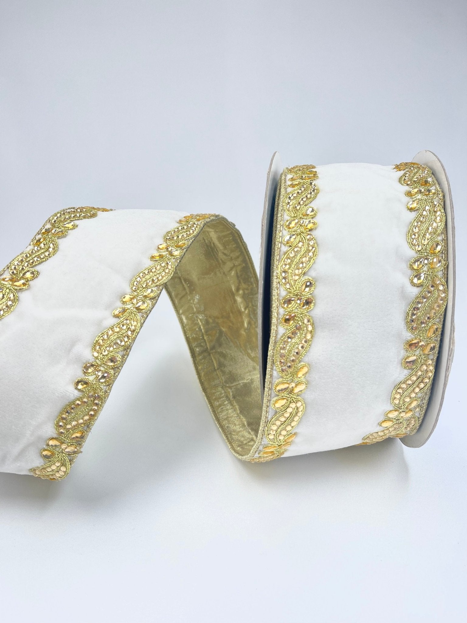 White plush velvet with ornate gems border 4” farrisilk wired ribbon ...