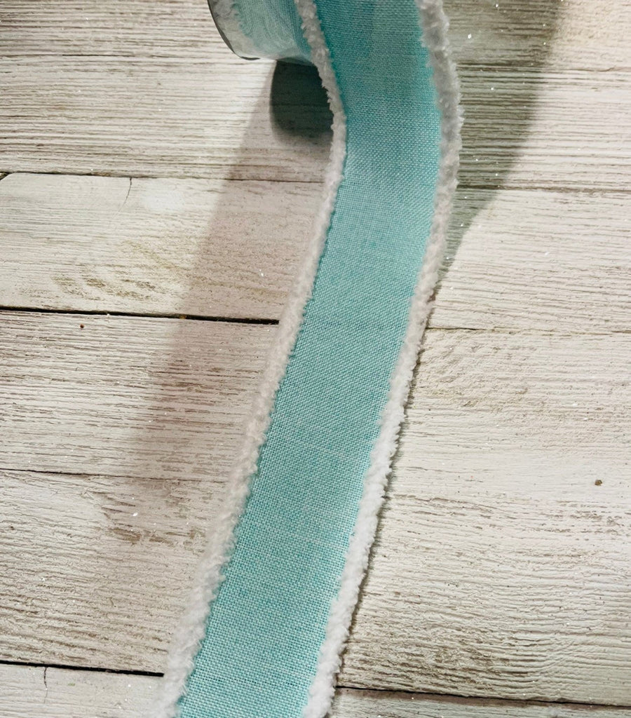 aqua linen with white fluffy edge 1.5” wired ribbon - Greenery Market