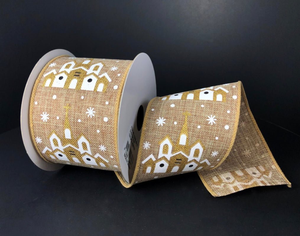 Church wired ribbon with gold accents - Greenery Market