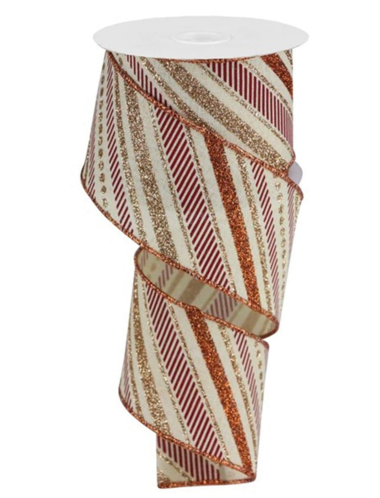 Cream Multi glitter, rust, wine, and champagne stripe wired ribbon 2.5 ...