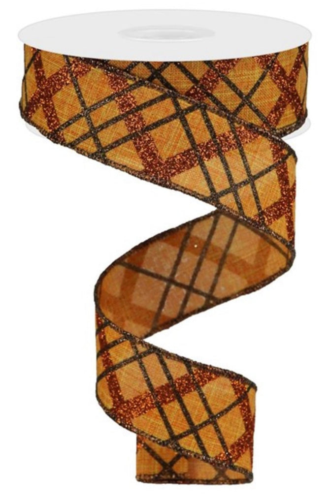 Fall Diagonal plaid wired ribbon - brown / orange 1.5” - Greenery Market