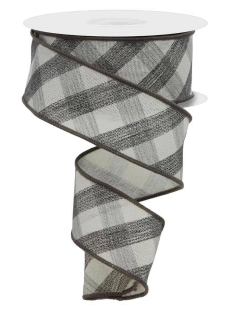 Gray and cream diagonal check wired ribbon 1.5” - Greenery Market
