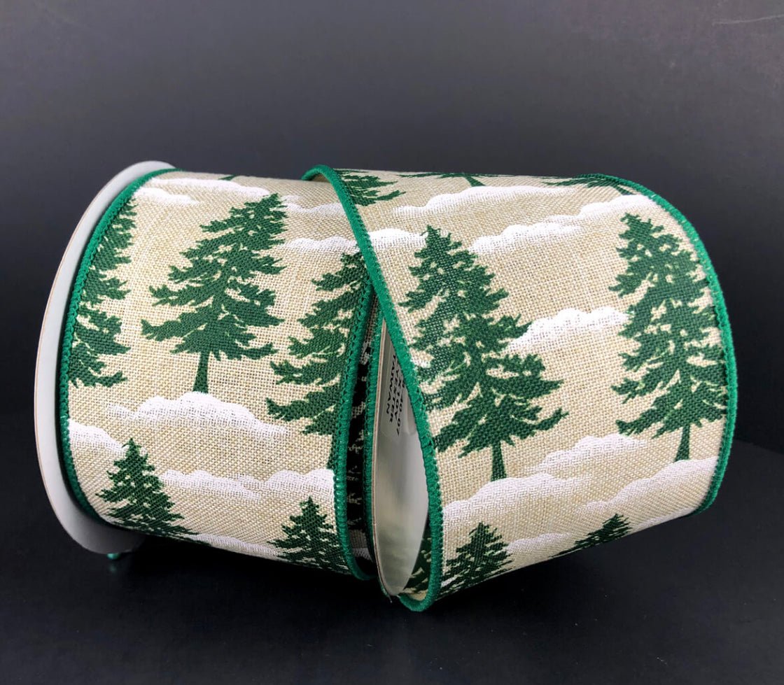 Green pine trees wired ribbon 2.5” - Greenery Market