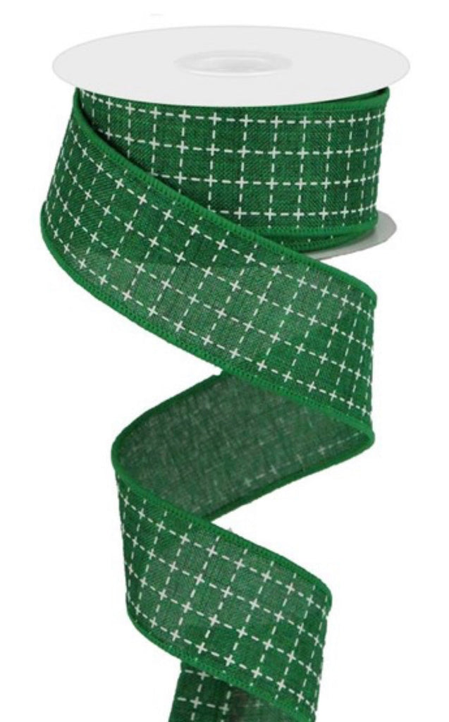 Raised stitch wired ribbon - emerald green - 1.5” - Greenery Market
