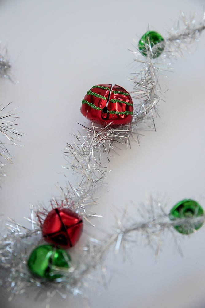 Red and green bells on silver tinsel wired stems - Greenery Market