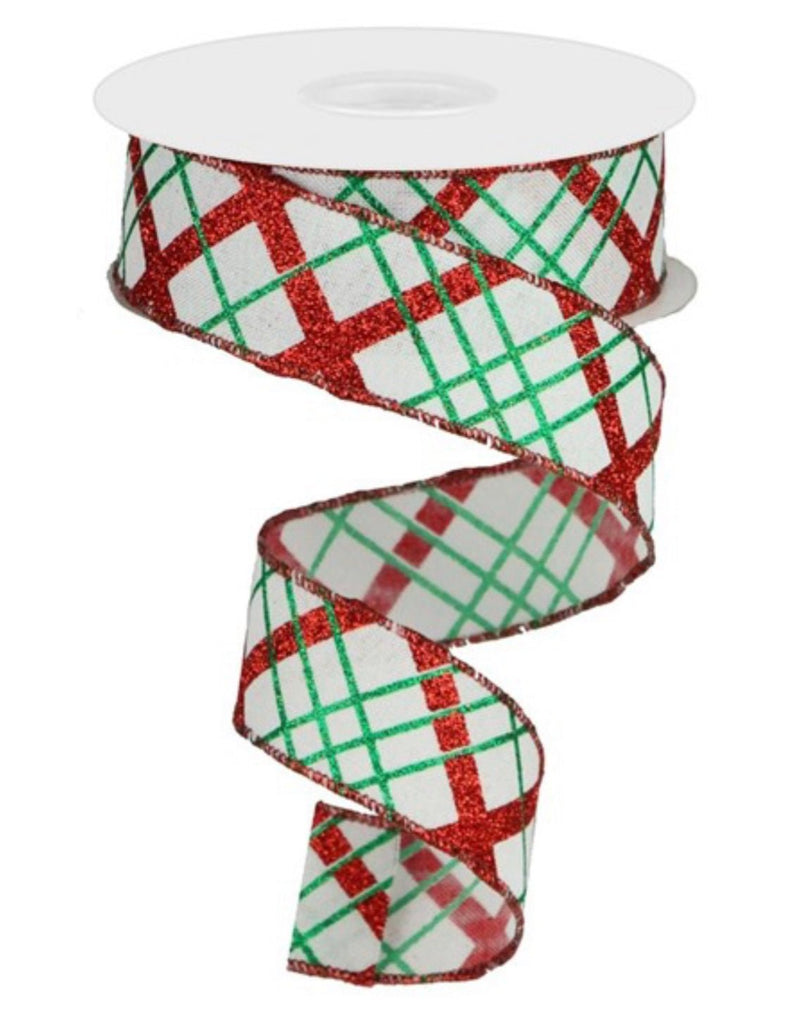 Red and green Diagonal plaid wired ribbon - 1.5” - Greenery Market