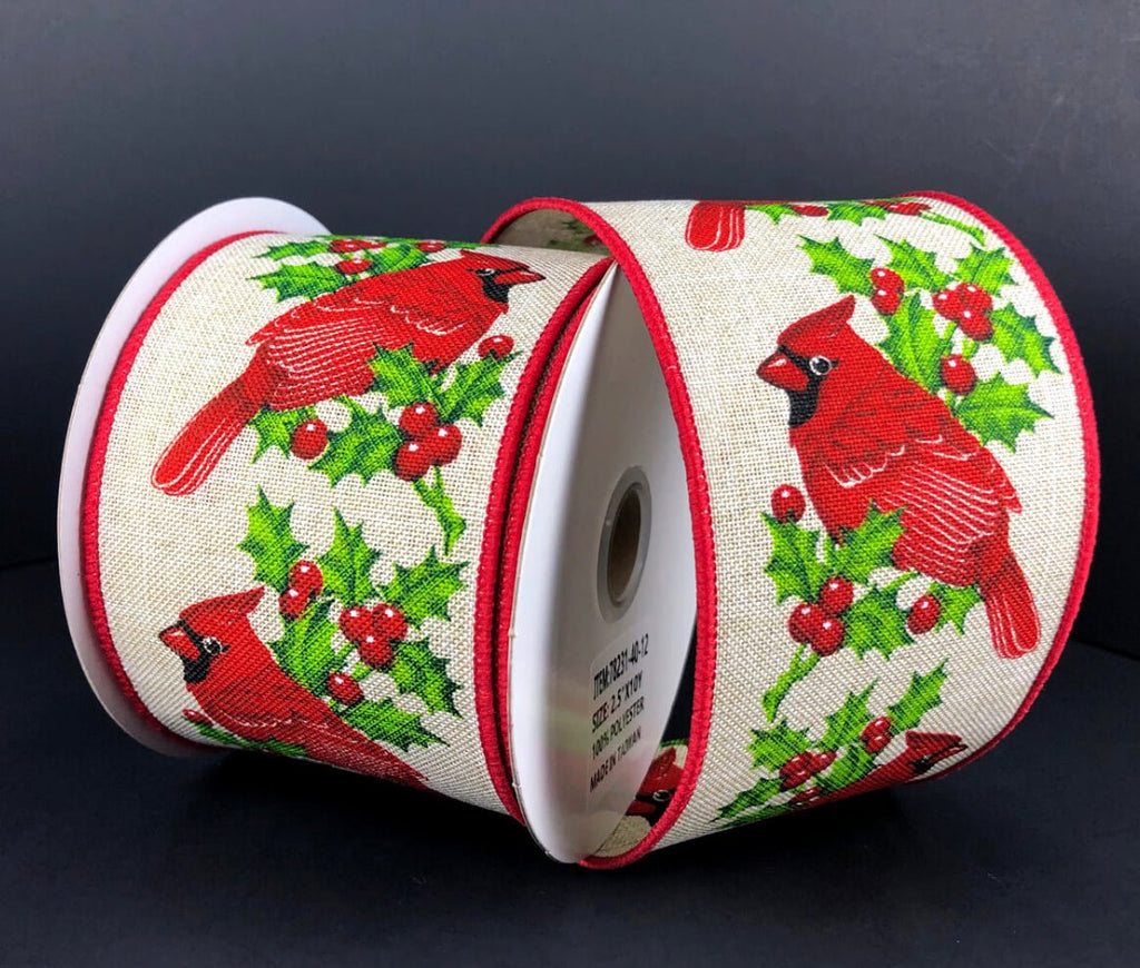 Red cardinal linen wired ribbon 2.5” - Greenery Market