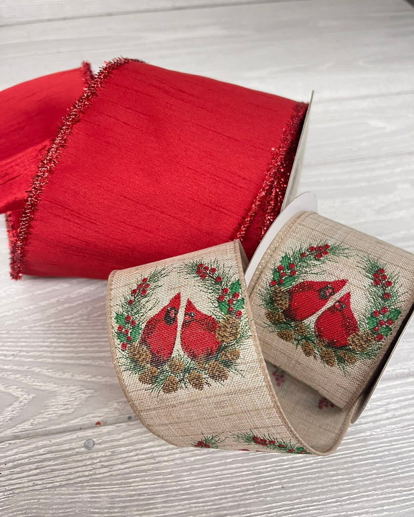 Red tinsel edge wired ribbon - 4” - Greenery Market