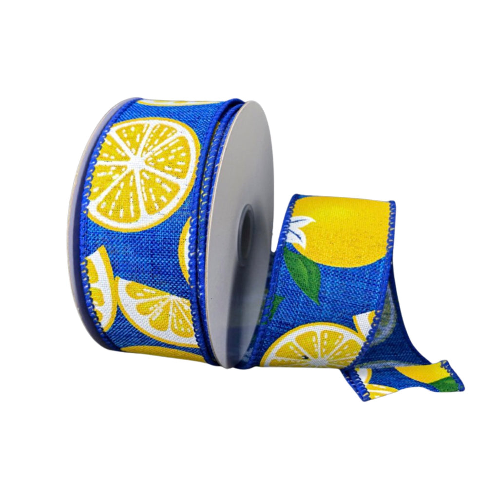 Royal blue with Lemons wired ribbon 1.5” - Greenery Market