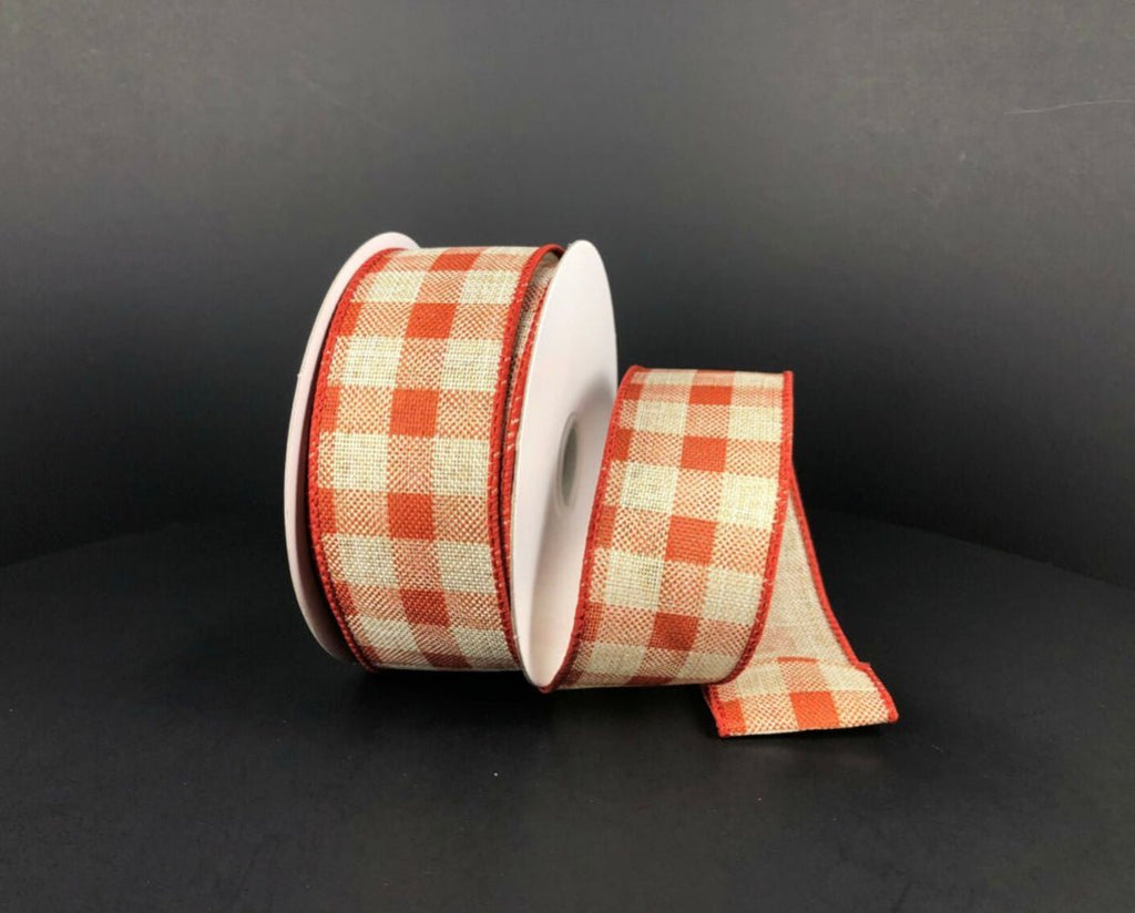 Rust and natural plaid wired ribbon 1.5” - Greenery Market