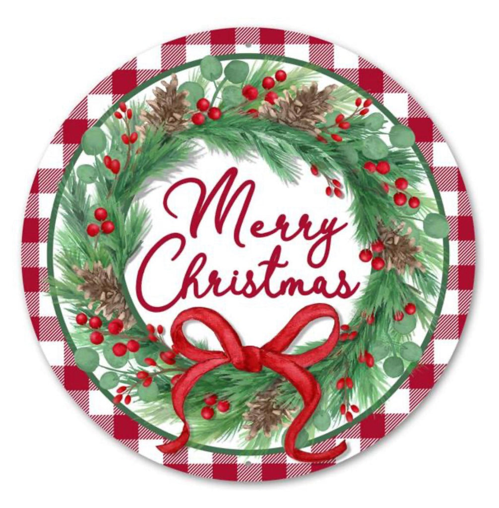 Wreath merry Christmas metal 12” round sign - Greenery Market