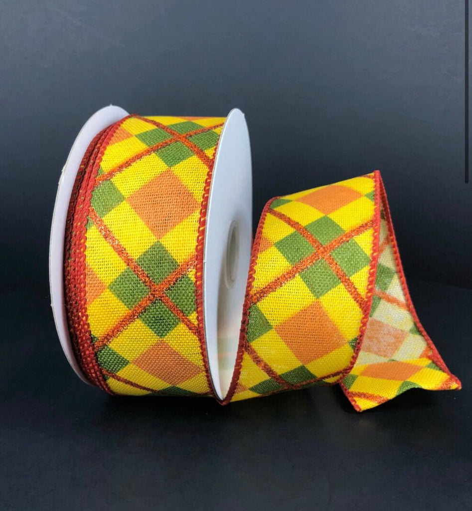Yellow fall plaid wired ribbon, 1.5" - Greenery Market