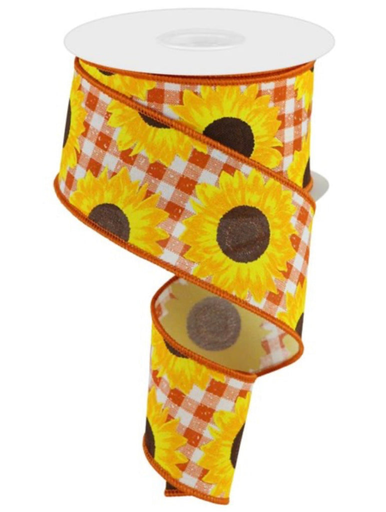 yellow sunflower on rust plaid wired ribbon 2.5” - Greenery Market